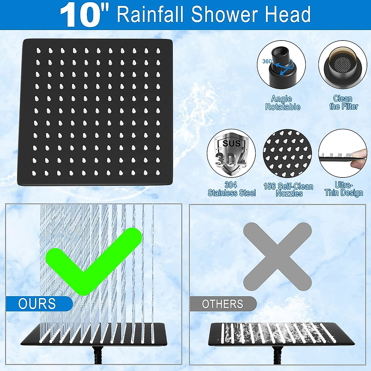 10" Rainfall Shower Head/Handheld Combo, Powerful Jet Modes, 11" Arm, 3 Spray Settings, Anti-leak with Holder/Hose, Height/Angle Adjustable