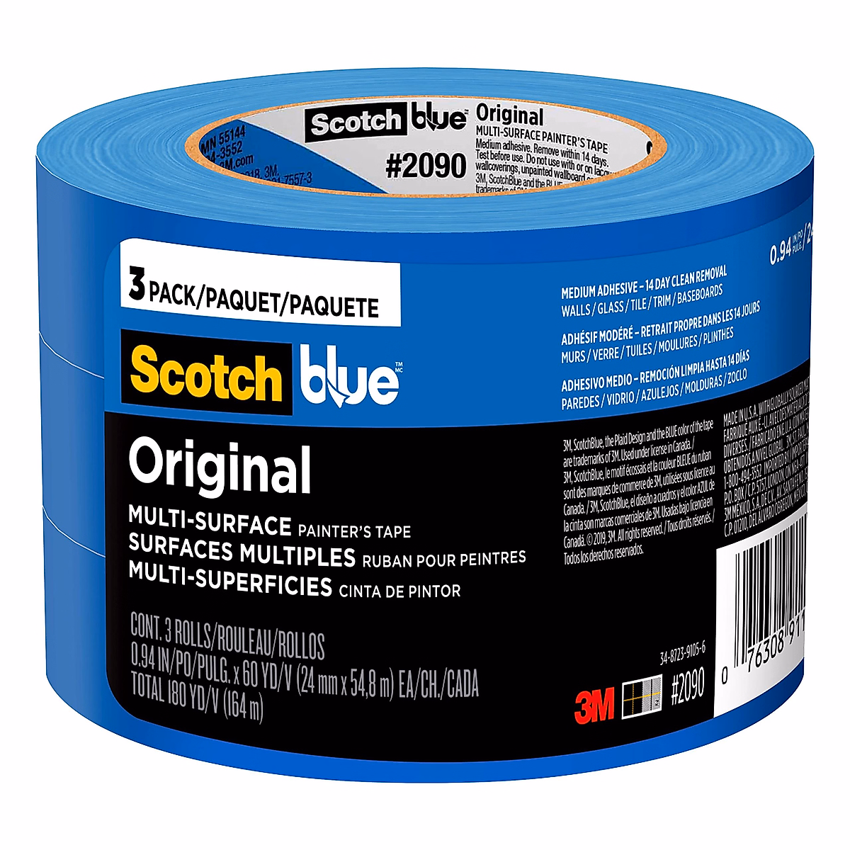 ScotchBlue Original Multi-Surface Painter's Tape, Blue, Paint Tape Protects Surfaces and Removes Easily, Multi-Surface Painting Tape for Indoor and Outdoor Use, 0.94 Inches x 60 Yards, 3 Rolls