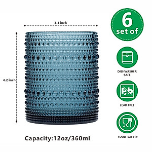 AWWAOOAWW Vintage Hobnail Drinking Glasses Set of 6,11 oz Dark blue Vintage Drinking Glasses,Lovely Vintage Glassware Set for Beer,Juice, Cocktail, Whiskey,Dishwasher Safe，Gift box packaging