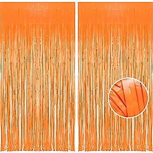 Foil Fringe Curtains Halloweens Party Decorations - Orange Tinsel Photo Backdrop Metallic Streamers for Birthdays, Fall, Pumpkin Theme, Thanksgiving, Basketball Party Decorations
