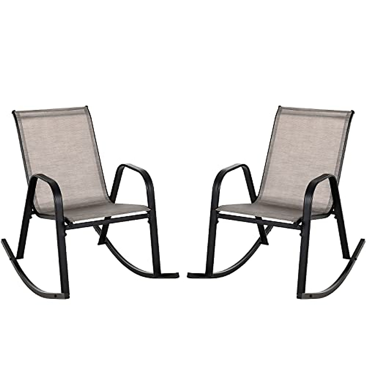 Tangkula Patio Rocking Chair Set of 2, Outdoor Ergonomic Rockers with Breathable Fabric Seat, Gentle Rocking Function, Sturdy Metal Rocker for Front Porch, Backyard, Garden (1, Brown)
