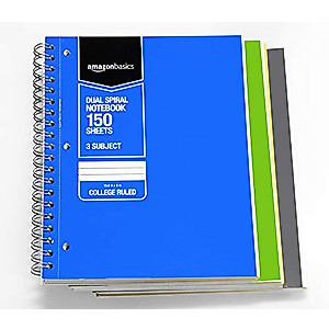 Amazon Basics College Ruled Wirebound 3-Subject 150-Sheet Notebook - Pack of 3, 10.5 x 8 Inch, Grey / Green / Blue