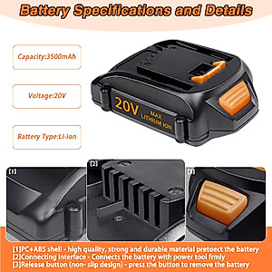 DTK 20V 3.5Ah Battery Replacement for Worx 20V Battery WA3525 WA3578 WA3575 WA3520 20 Volt WA3520 WG151s WG155s WG251s WG255s WG540s WG545s WG890 WG891 Cordless Tool Battery (2 Packs)