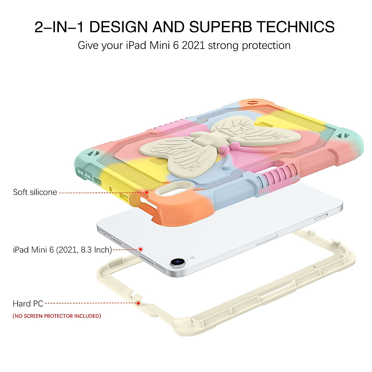 BENTOBEN for iPad Mini 6 Case, iPad Mini 6th Generation Case 2 in 1 Heavy Duty Rugged Shockproof Kickstand Hybrid Bumper Protective Pencil Holder Girls Women Kids Mini 6 Tablet Cover, Colorful Design