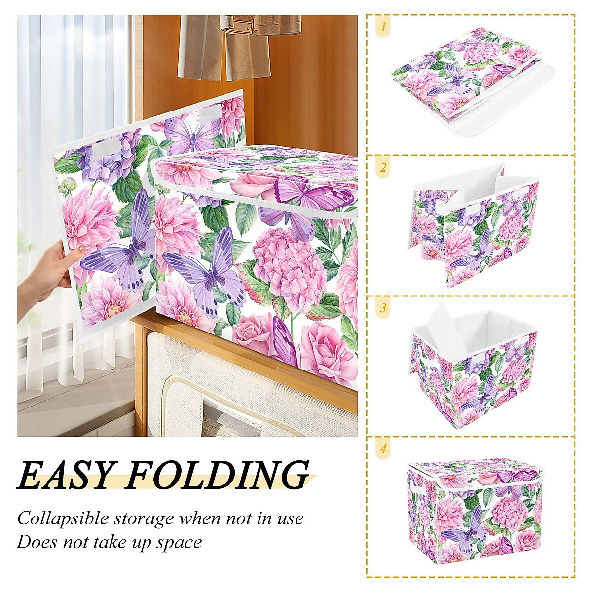 MFTJYO Storage Bin with Lid Purple Hydrangea Pink Roses Foldable Storage Box Washable Fabric Storage Cubes Bin Organizer Basket Closet for Home Bedroom Closet Nursery Office