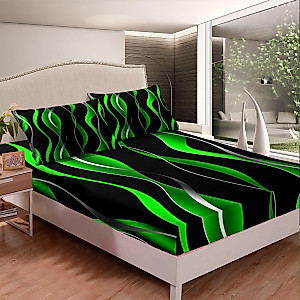 Green Stripe Bed Sheets Set Queen Size, Retro Stripe Swirl Line Art Sheets with Deep Pocket Fitted Sheet Geometric Pastel Gradient Stripes Sheet Set for Kids Boys Girls Geometry Lines Bedding Set