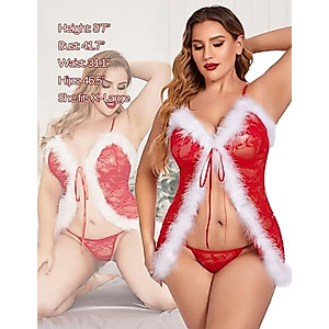 ADOME Christmas Lingerie for Women Lace Santa Babydoll Chemise Open Front Sleepwear