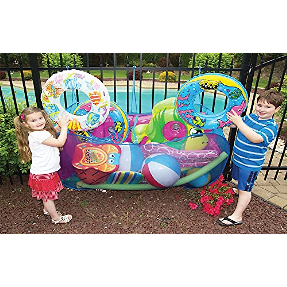 POOL BLASTER Water Tech Pool Pouch – Versatile Pool Storage for Floats, Balls, Inflatable Toys, Patio Accessories - Heavy Duty Reinforced Attaches to Pool Side, Fence or Free Standing