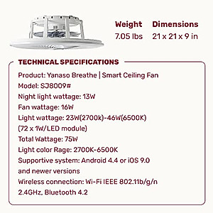 YANASO Upgraded Ceiling Fans with Lights - Low Profile Enclosed Ceiling Fan Bladeless, Remote & APP Control, 3 Colors Dimmable LED 6 Speeds (White)