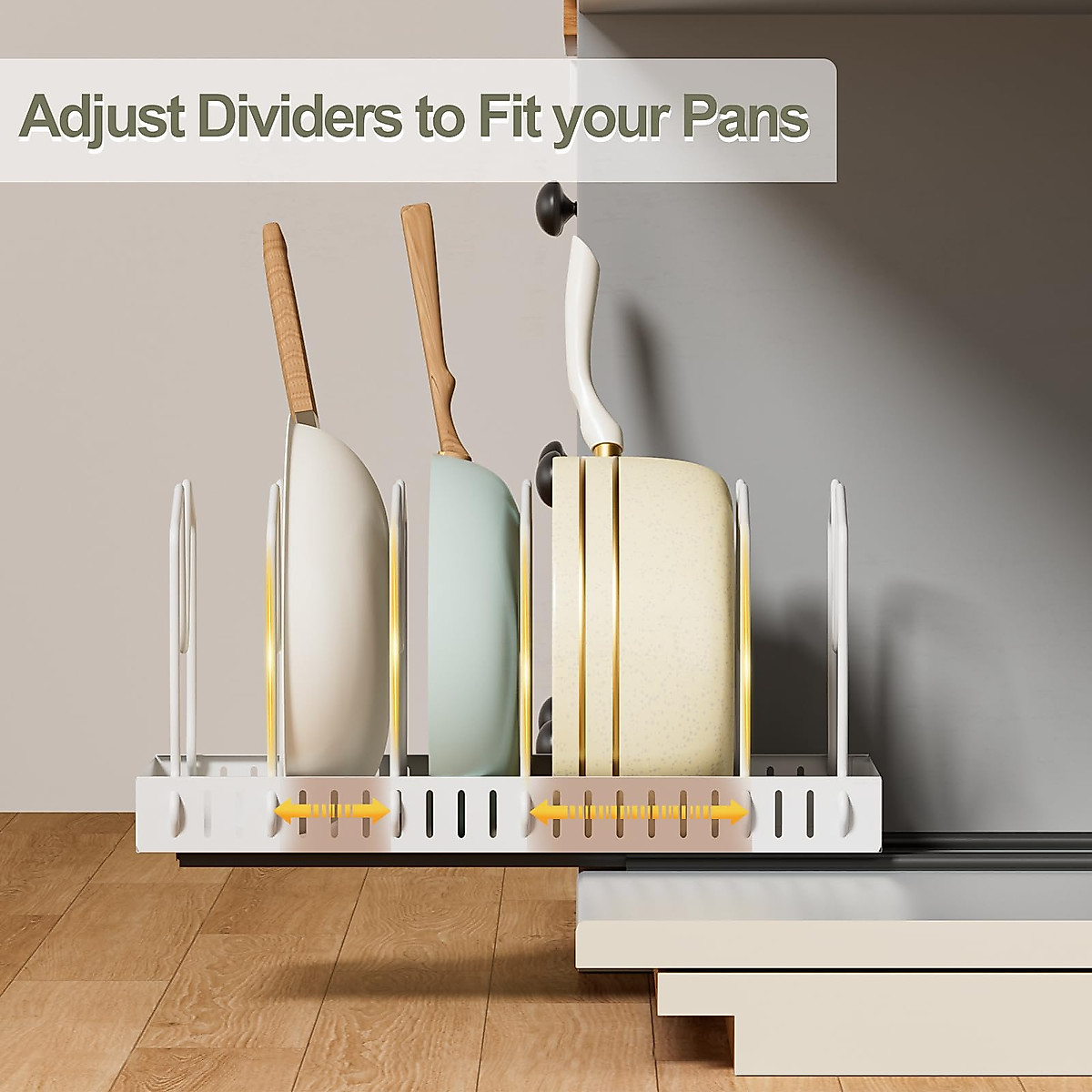 GoMaihe Pull-out Pots and Pans Organizer 2 Pack - Under Cabinet Pot Lid Holder for Kitchen - Bakeware & Dishes Storage Rack with Slide Rails - Multi-purpose Silde-out Drawer - Easy to Clean - White