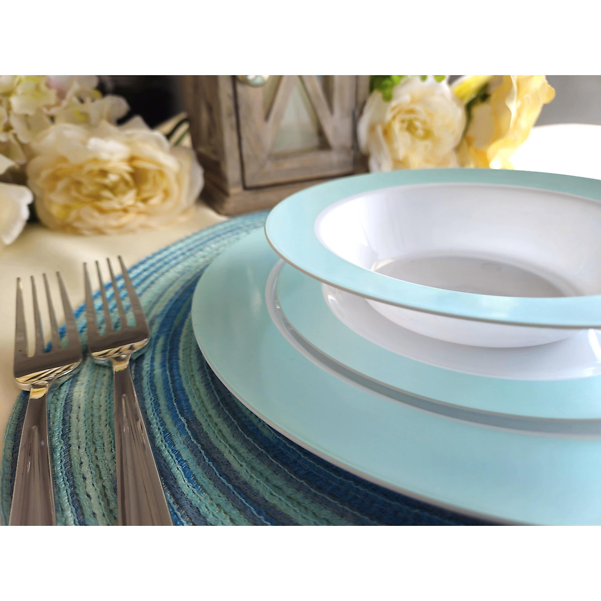 " OCCASIONS " 50 Plates Pack (25 Guests)-Wedding Party Disposable Plastic Plate Set -25x10.5'' Dinner + 25x7.5'' Salad/dessert plates (Rio, White & Pearled Turquoise Blue)