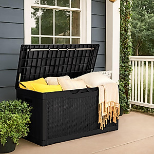 GUNJI 100 Gallon Resin Deck Box with Cushion,Outdoor Weatherproof Large Storage Box,Lockable Storage Container for Patio Furniture,Garden Tools,Pool Supplies (Black)