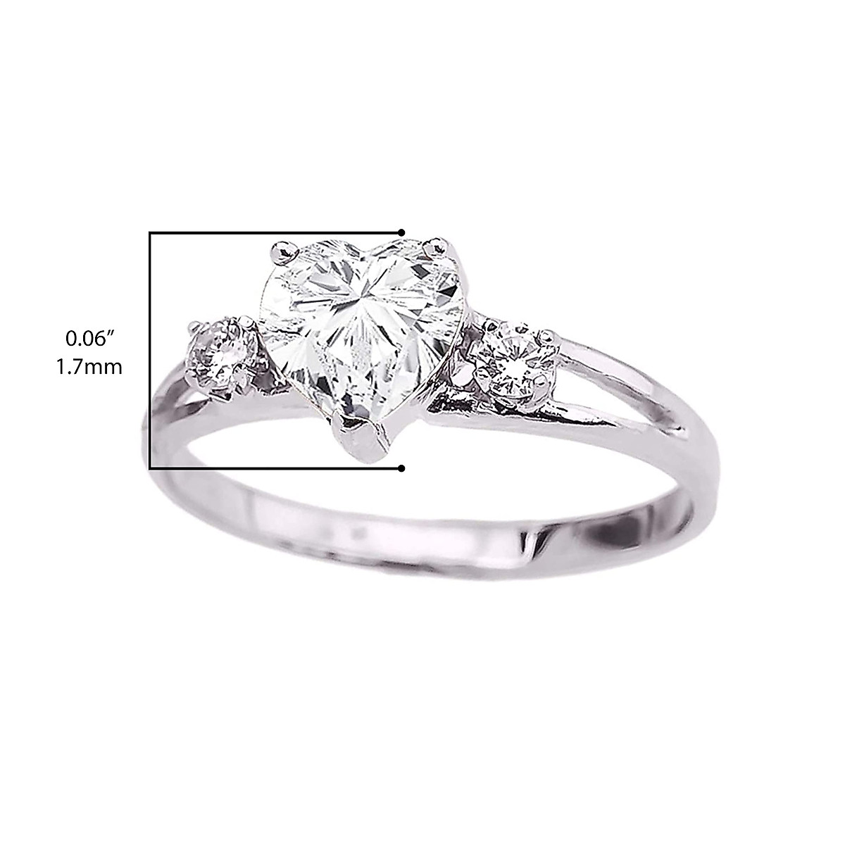 Modern Contemporary Rings 10k White Gold Heart Shape Cubic Zirconia & White Topaz Split Shank Three Stone Ring - Size 7-1/2