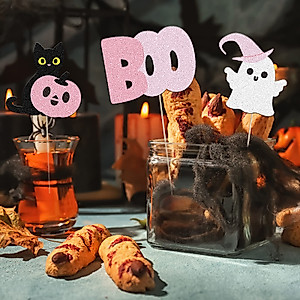 Geyee 36 Pcs Halloween Baby Shower Decorations Boo Cake Topper Ghost Tables Centerpieces Sticks Spooky Banner Decorations Halloween Centerpieces for Table Birthday Pink and Black Party Supplies