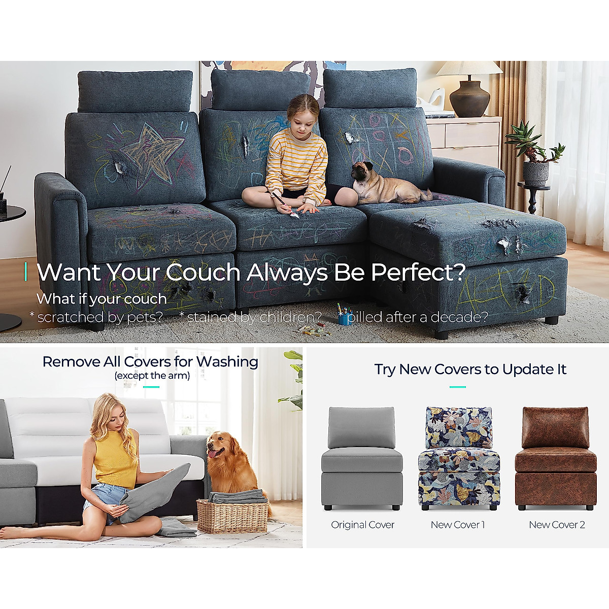 LINSY HOME Modular Sectional Sofa, Upgraded High Back Sectional Couch with 4 Headrests, L Shaped Sofa Bed with Storage, Sofa Covers Removable, 5 Seat Couch with Ottoman for Living Room, Grey