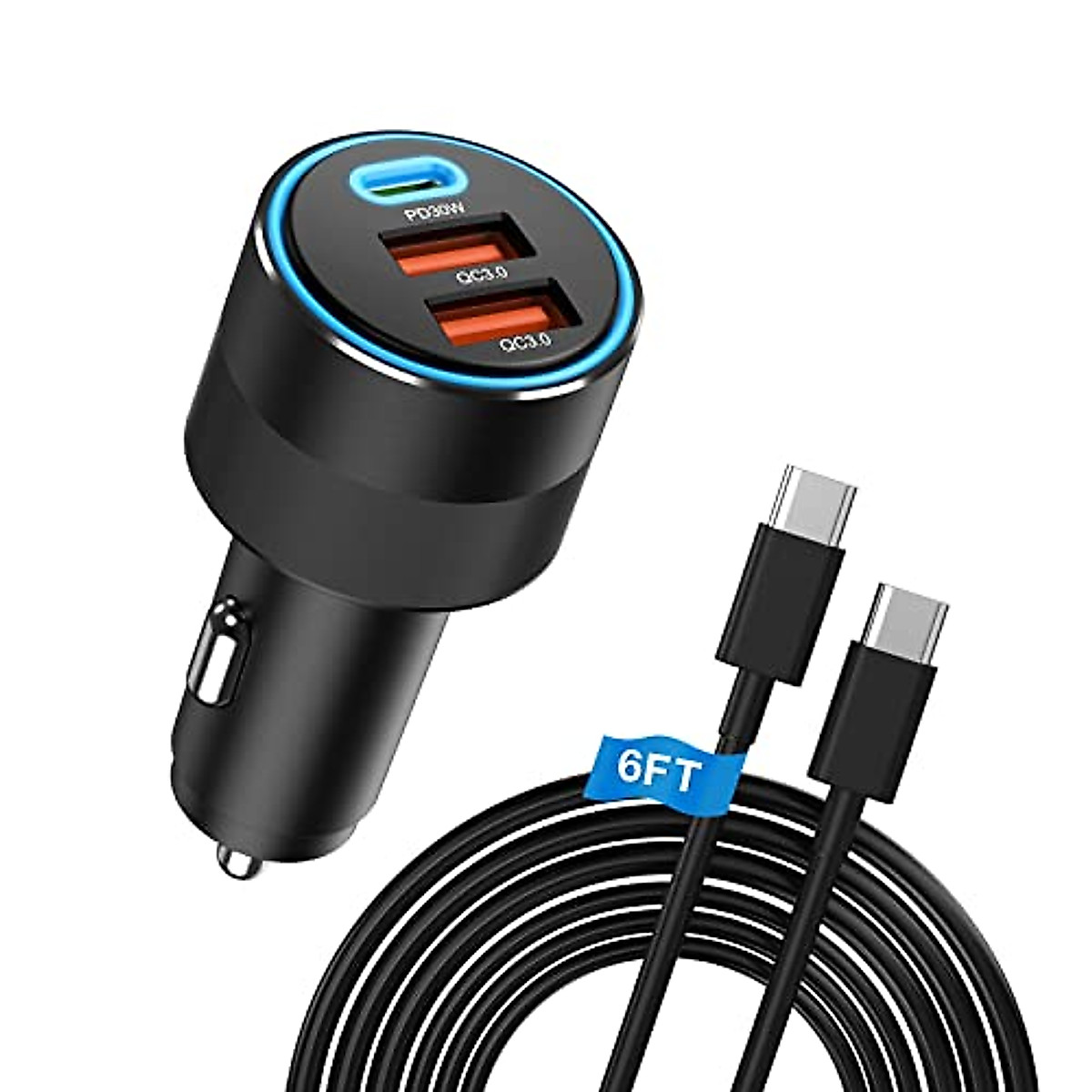 S23 S22 Ultra USB C Fast Car Charger, 3 Port 66 W Car Charger PD3.0 Dual QC 3.0 Type-C Car Charger Adapter for Samsung Galaxy Z Fold 4/Z Flip/3/4/S22/22+/S21/S20/Ultra/Note 20 Galaxy Tab (6 ft Cable)
