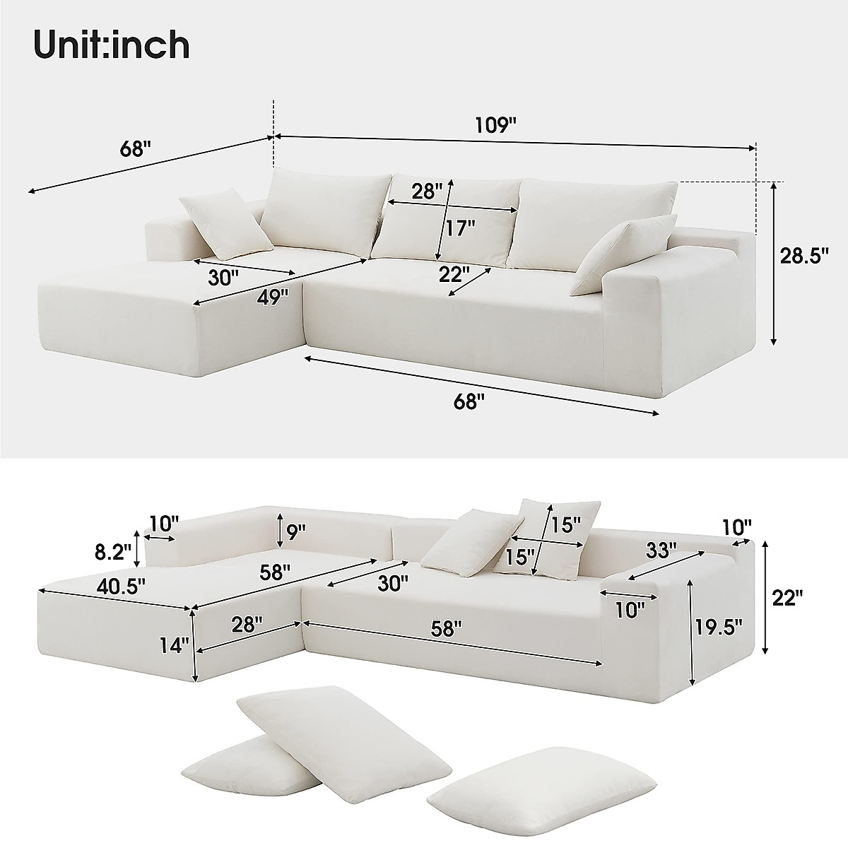 Olodumare 109" Two Section Modular Sectional Sofa, Oversize Convertible Modern L Shaped Corner Couch for Living Room, Chenille Fabric, Off White