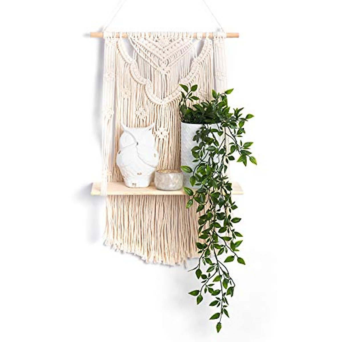KALTEK Macrame Shelf with Flower Design | Boho Style with Floating Wood Shelf | Beautiful Handmade Macrame Shelf for Hanging Plants and Decor | Boho Wall Decor with Macrame Rope Shelving