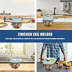 DOITOOL Metal Mesh Egg Basket Ceramic Egg Storage Basket with Farm Chicken Top for Home Kitchen Egg Holder Food Storage Container (Blue)