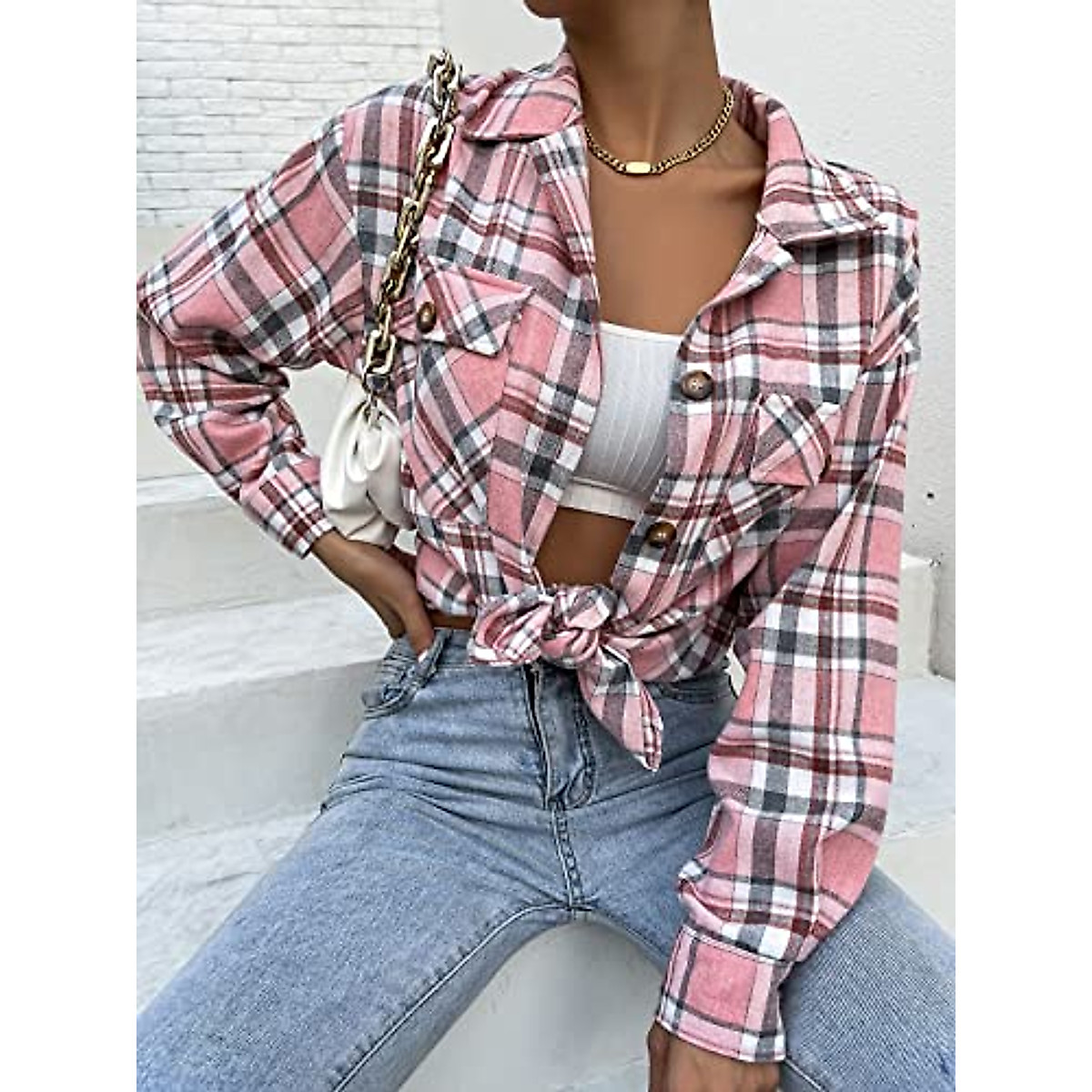 OYOANGLE Women's Plaid Long Sleeve Button Front Drop Shoulder Tunic Blouse Flannel Shirts Pink White L