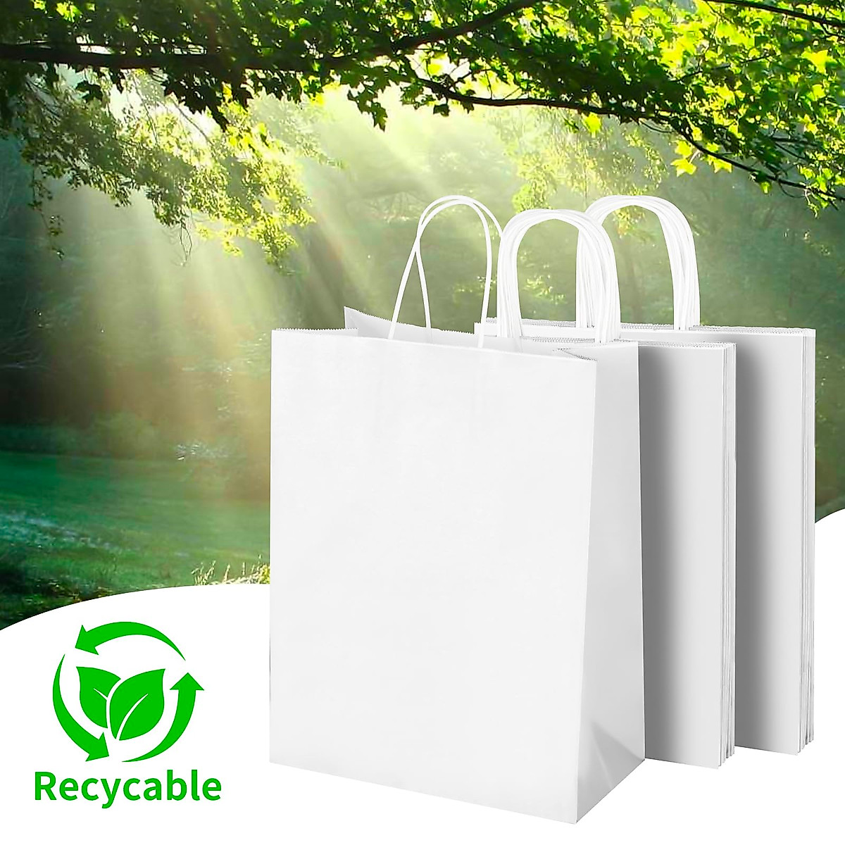 Oikss 50 Pack 10x5x13 White Kraft Paper Bags with Handles Bulk for Birthday Party Favors Grocery Retail Shopping Business Goody Recycled Craft Gift Bags (Large Size, 50 Count)