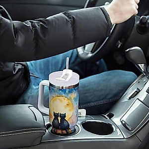 ODAWA Romantic Cats Moon Blue Travel Coffee Tumbler 40 Oz Drinking Cups with Lid and Straw
