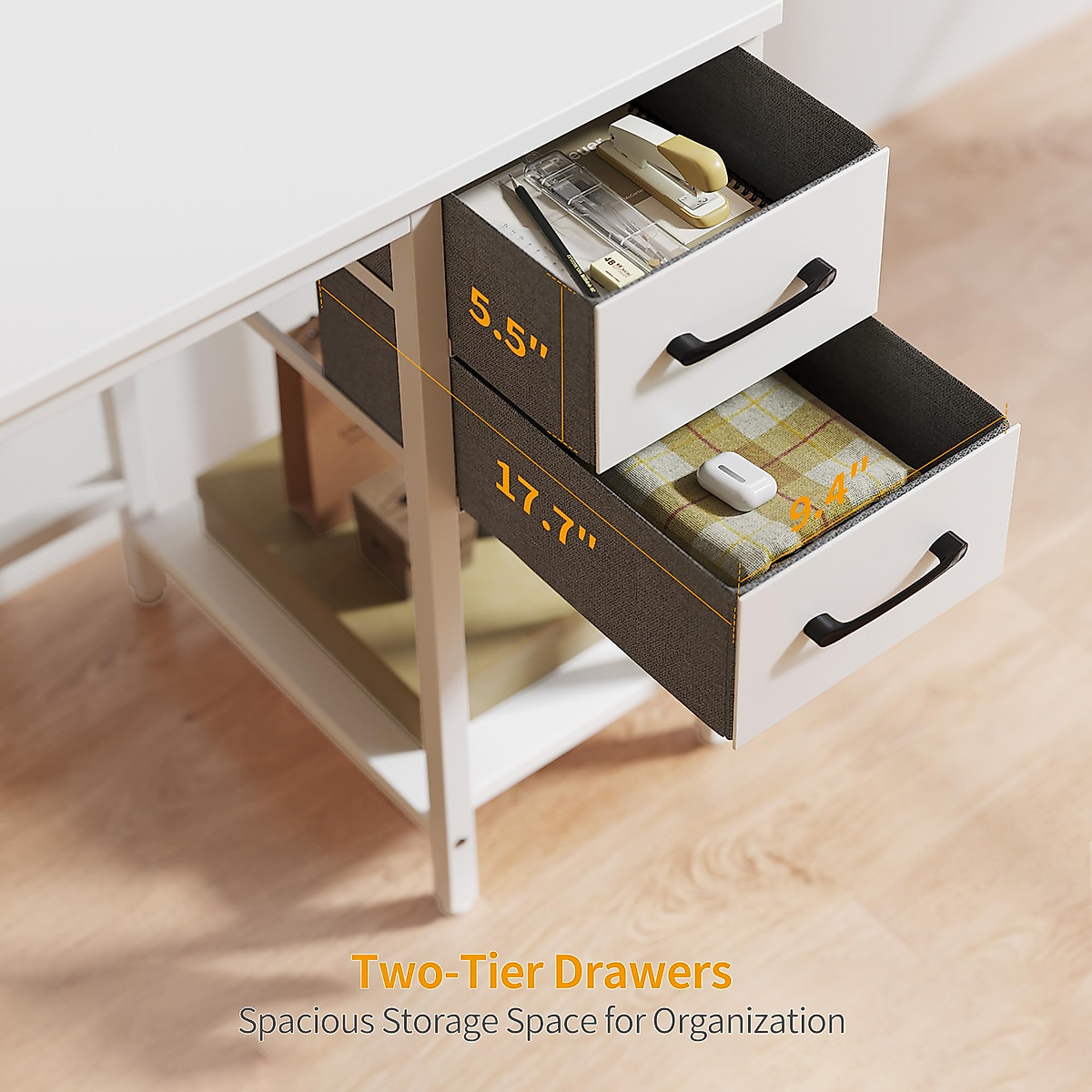 CubiCubi Computer Desk with Drawers, 47 Inch Reversible Office Desk with Monitor Stand and Storage Shelves, Work Writing Study Desk Table for Home, White