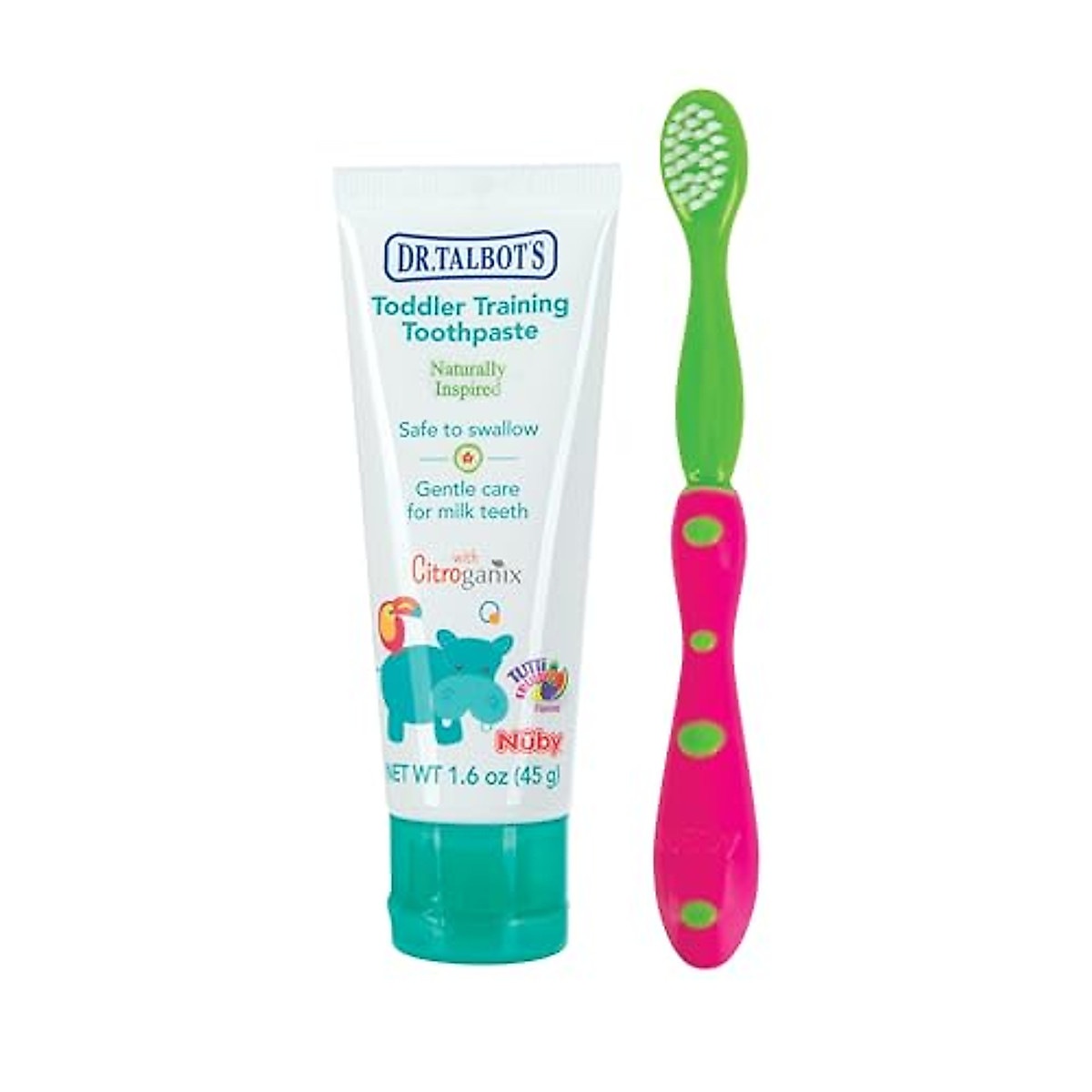 Dr. Talbot's Toddler Training Toothpaste Naturally Inspired with Citroganix, with Toothbrush Included, Pink/Green, 1.6 Ounce