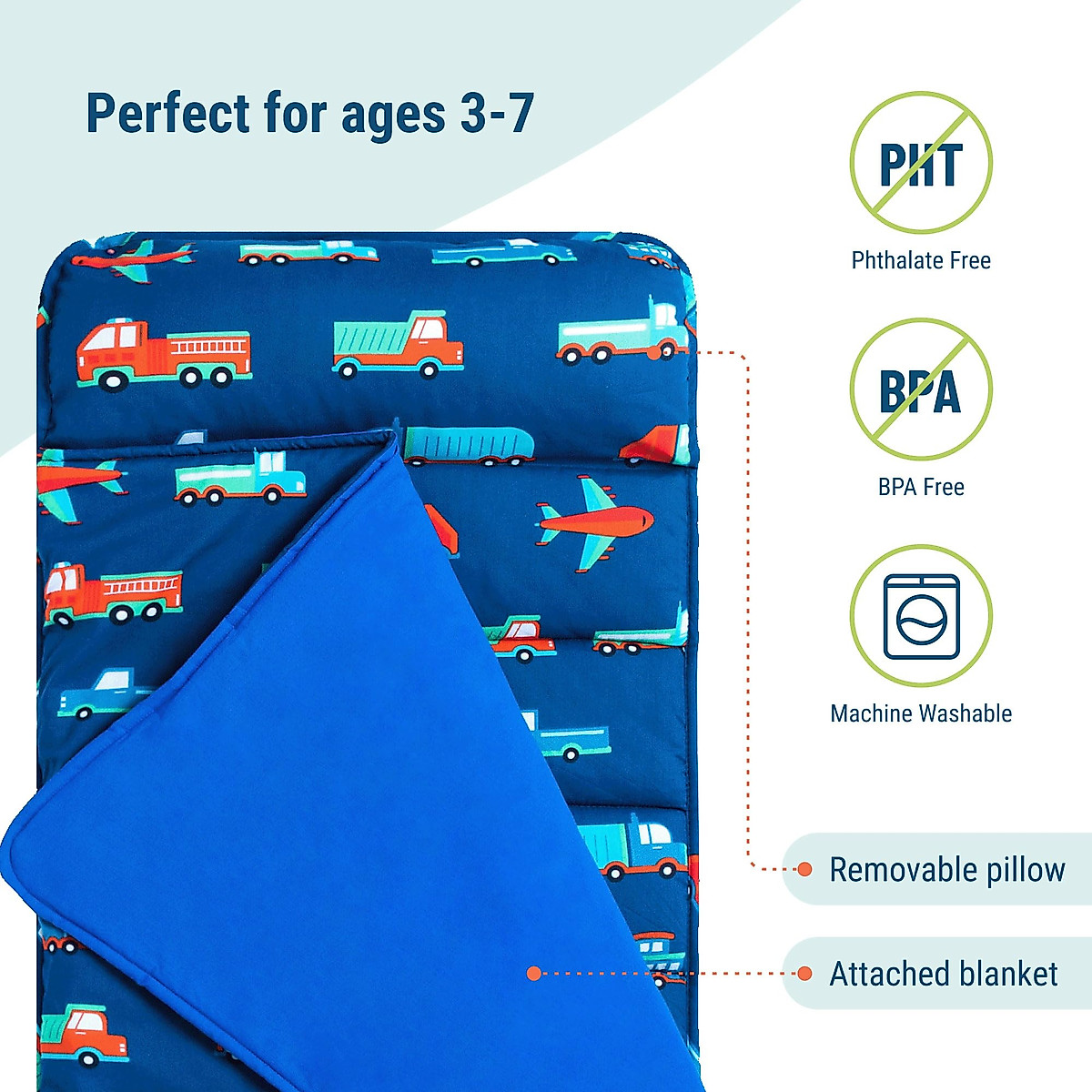 Wildkin Original Nap Mat with Reusable Pillow for Boys & Girls, Perfect for Elementary Daycare Sleepovers, Features Hook & Loop Fastener, Cotton Blend Materials Nap Mat for Kids (Transportation)