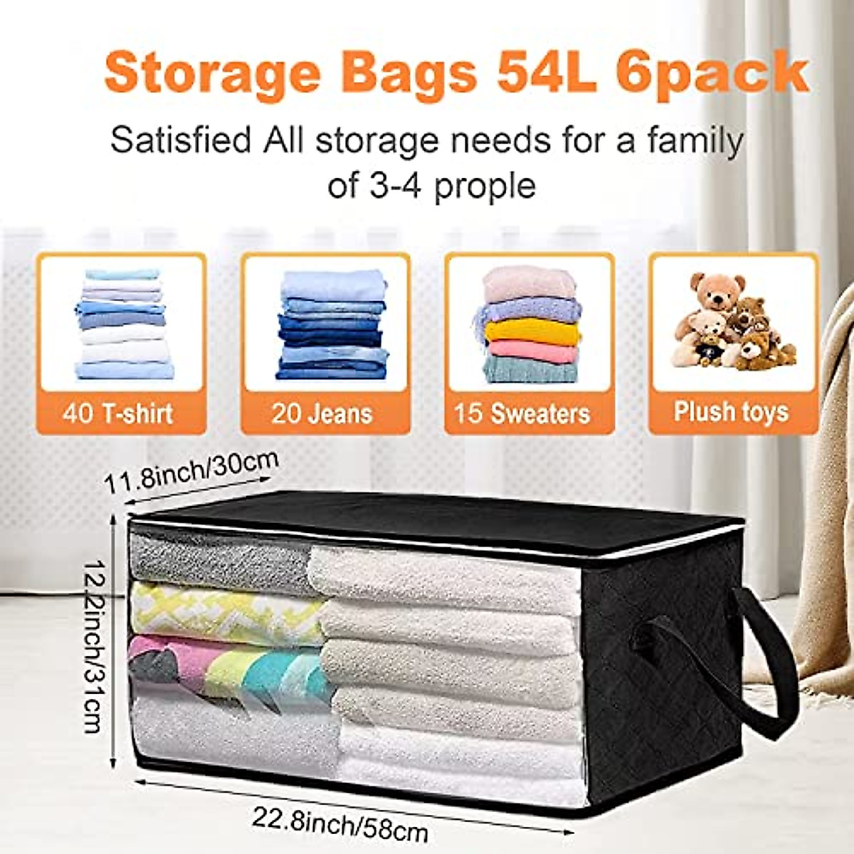 ASANMEYO 6 Pack Clothes Storage, Foldable Blanket Storage Bags, Clothing Storage Containers, Organization and Storage with Lid and Handle, Closet Organizers for Bedroom,Comforters, Toys, Bedding,Black
