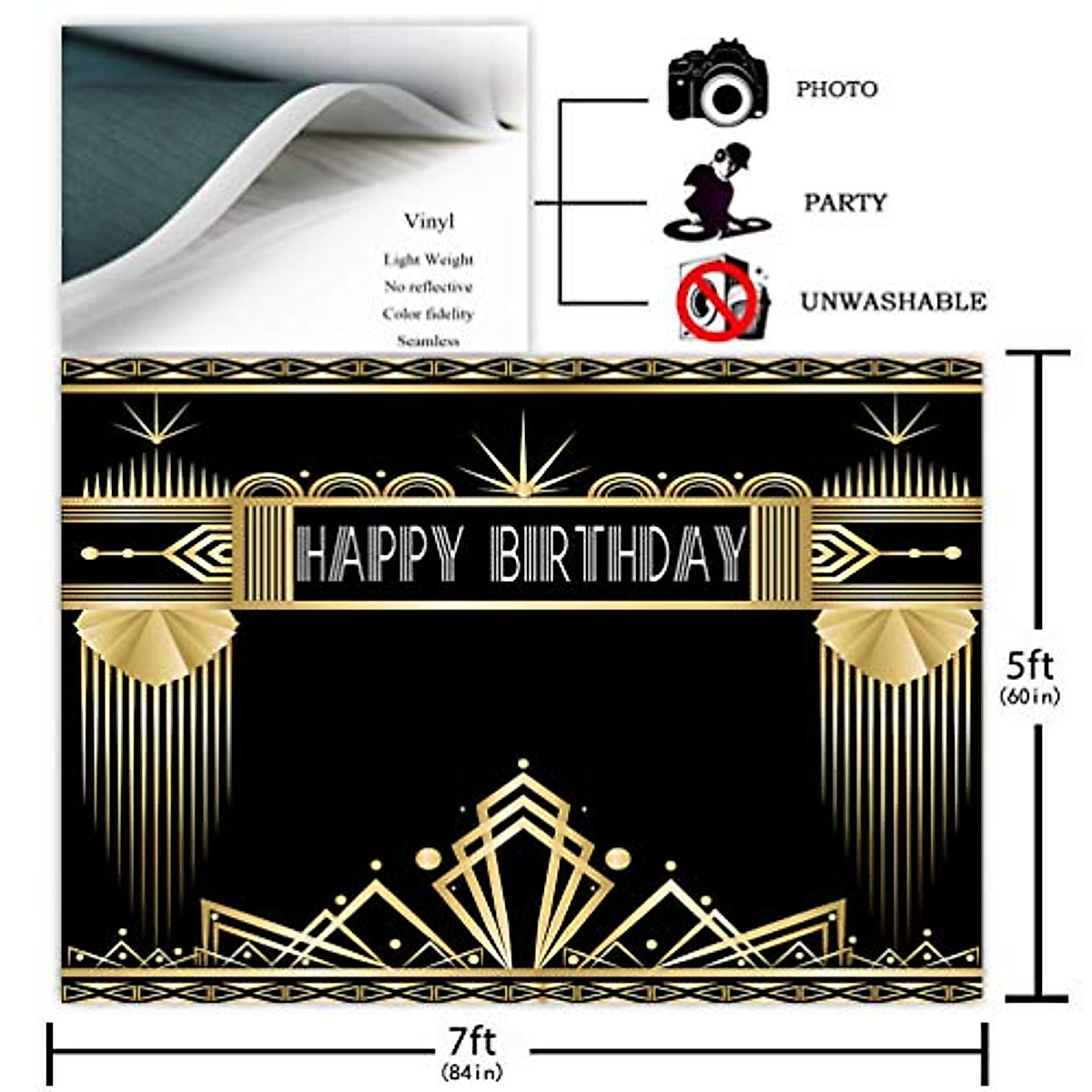 Avezano 7x5ft Great Gatsby Theme Birthday Party Backdrop Roaring 20s Retro 1920s Photo Booth Backdrop for Adults Birthday Party Decorations The Great Gatsby Theme Bday Parties Photoshoot Background