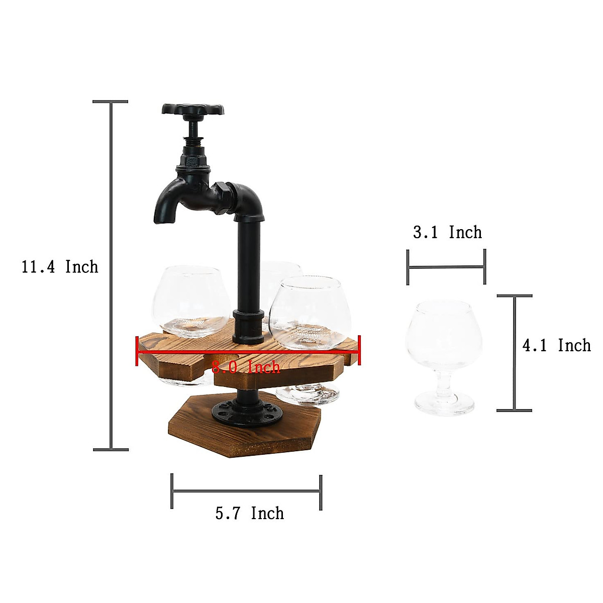 Owlgift Industrial Pipe & Burnt Wood Beer/Whiskey Flight Set with 4 Glasses, Cast Iron Faucet Spigot Design