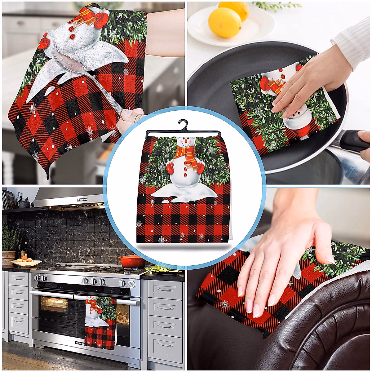 Beisseid Christmas Kitchen Dish Towels Snowman with Xmas Tree Dish Cloth Fingertip Bath Towels Cloth Red Buffalo Plaid Check Hand Drying Soft Cotton Tea Towel Set 18x28in 2PCS