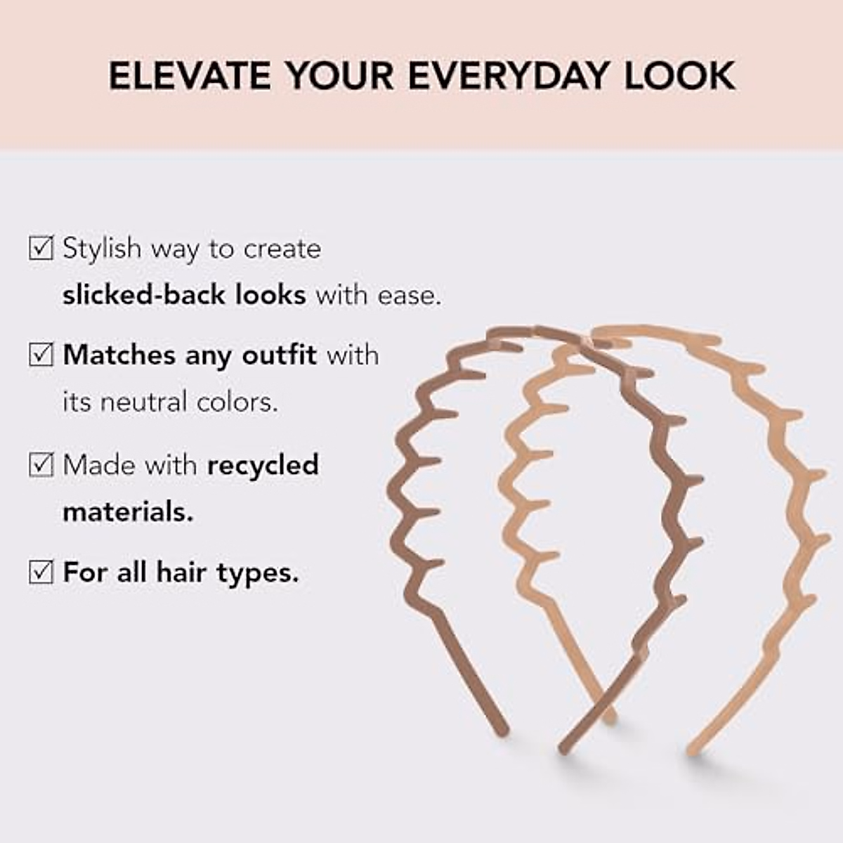 Kitsch Hairband - Zig Zag Headbands - Recycled Plastic Hair Band for Men & Women | Classic 90s Headband & Hairband | Mens Headband | Wavy Headband with Teeth | 2pc (Neutral)