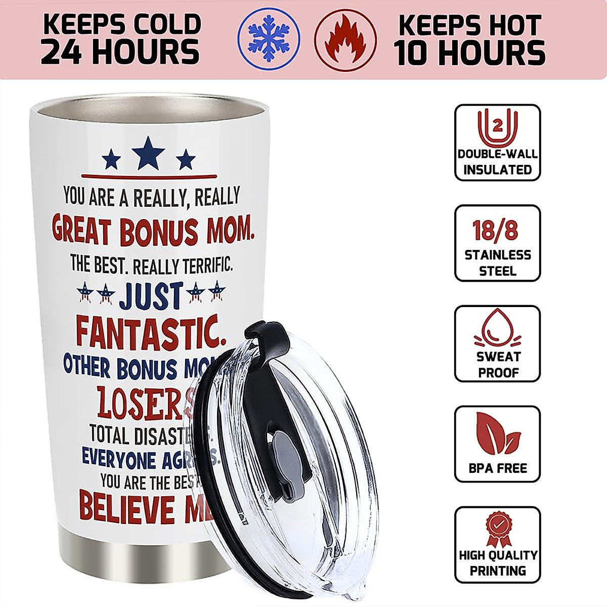 AREOK Gifts for Bonus Mom Gifts, Best Bonus Mom Ever Gifts from Daughter - Christmas Birthday Gifts for Bonus Step Mom, 20 OZ Stainless Steel Insulated Bonus Mom Tumbler Cup