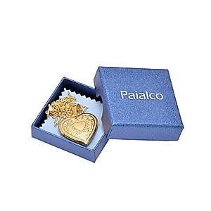 Paialco Stainless Steel Heart Shaped Locket Pendant Necklace, Royal Flowers, Yellow Gold Tone