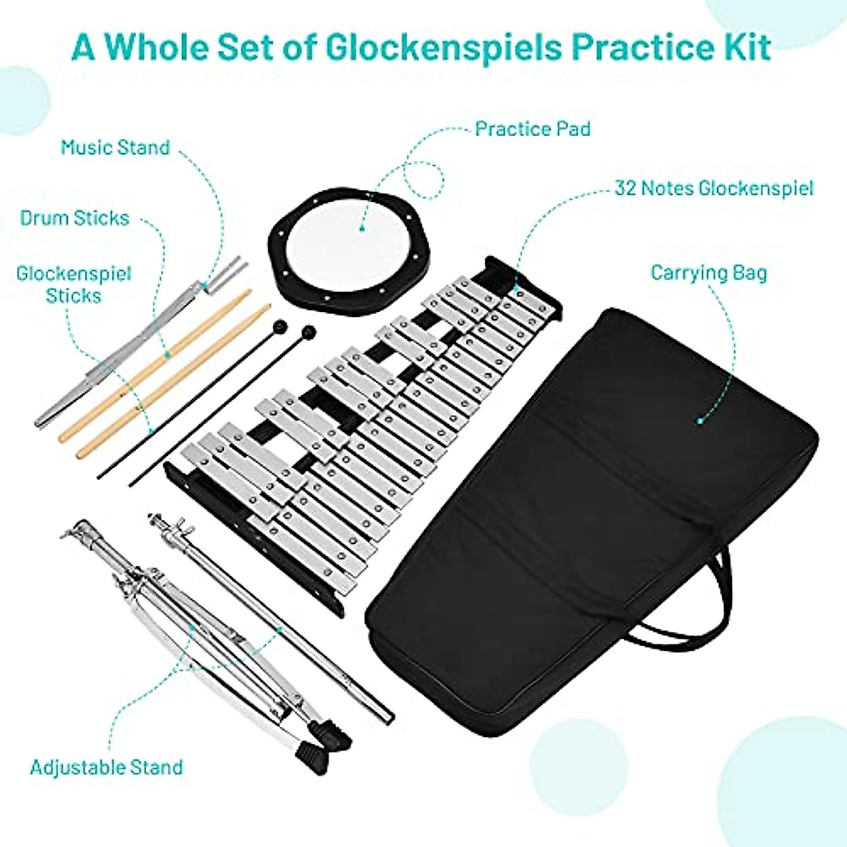 Giantex 32 Note Professional Glockenspiel Bell Kit, Percussion Xylophone with Adjustable Stand, Music Stand, 8'' Practice Pad, a Pair of Bell Mallets, Wooden Drumsticks, Carrying Bag
