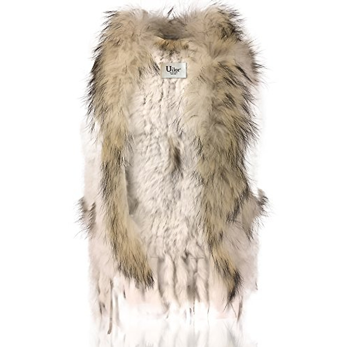 Uilor Women's 100% Natural Knit Rabbit Fur Vest with Raccoon Fur Collar White