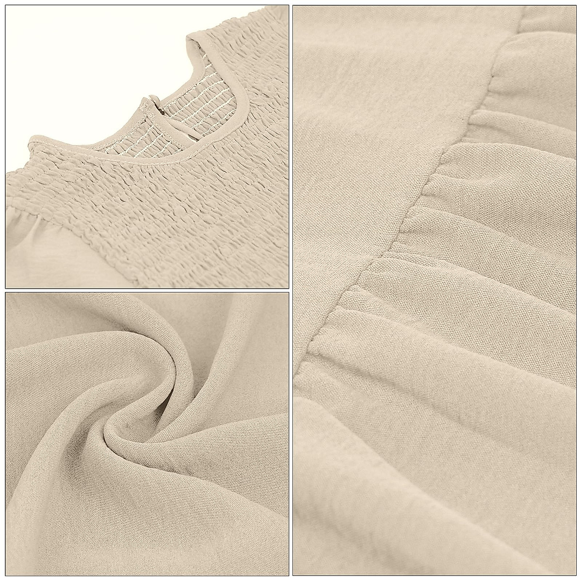 ZOOMOON Women’s Smocked Puff Sleeve Dress 2025 Fall Winter Crewneck Tiered Midi Flowy Dresses(Beige,XL)