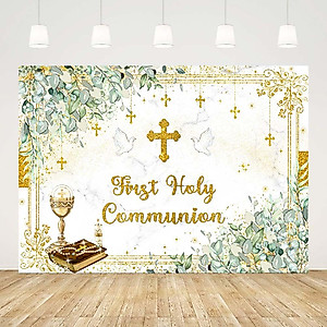 AIBIIN 7x5ft Greenery Baptism Backdrop First Holy Communion Christening Party Decorations Gold Eucalyptus God Bless Mi Bautizo Party Banner Photo Studio Props