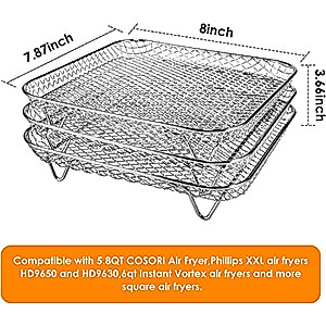 8" Air Fryer Rack,3 Stackable Square Stainless Steel Air Fryer Rack Compatible with Instant Vortex,Philips,COSORI Air Fryer, Fit all 4.2QT - 5.8QT Oven Press Cooker Dehydrator Rack Air Fryer Accessories