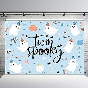 MEHOFOND 7x5ft Halloween Two Spooky Blue Backdrop Little Boo Happy 2nd Birthday Party Decoration Banner Supplies for Boys Spooktacular Happy Booday Photography Background Photo Studio Props
