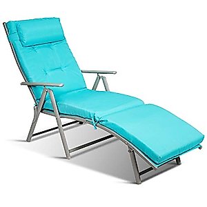 Tangkula Outdoor Folding Chaise Lounge Chair, Lightweight Recliner Chair w/ 7 Adjustable Backrest Positions, Patio Reclining Beach w/Removable Cushion & Pillow for Patio Poolside No Assembly Required