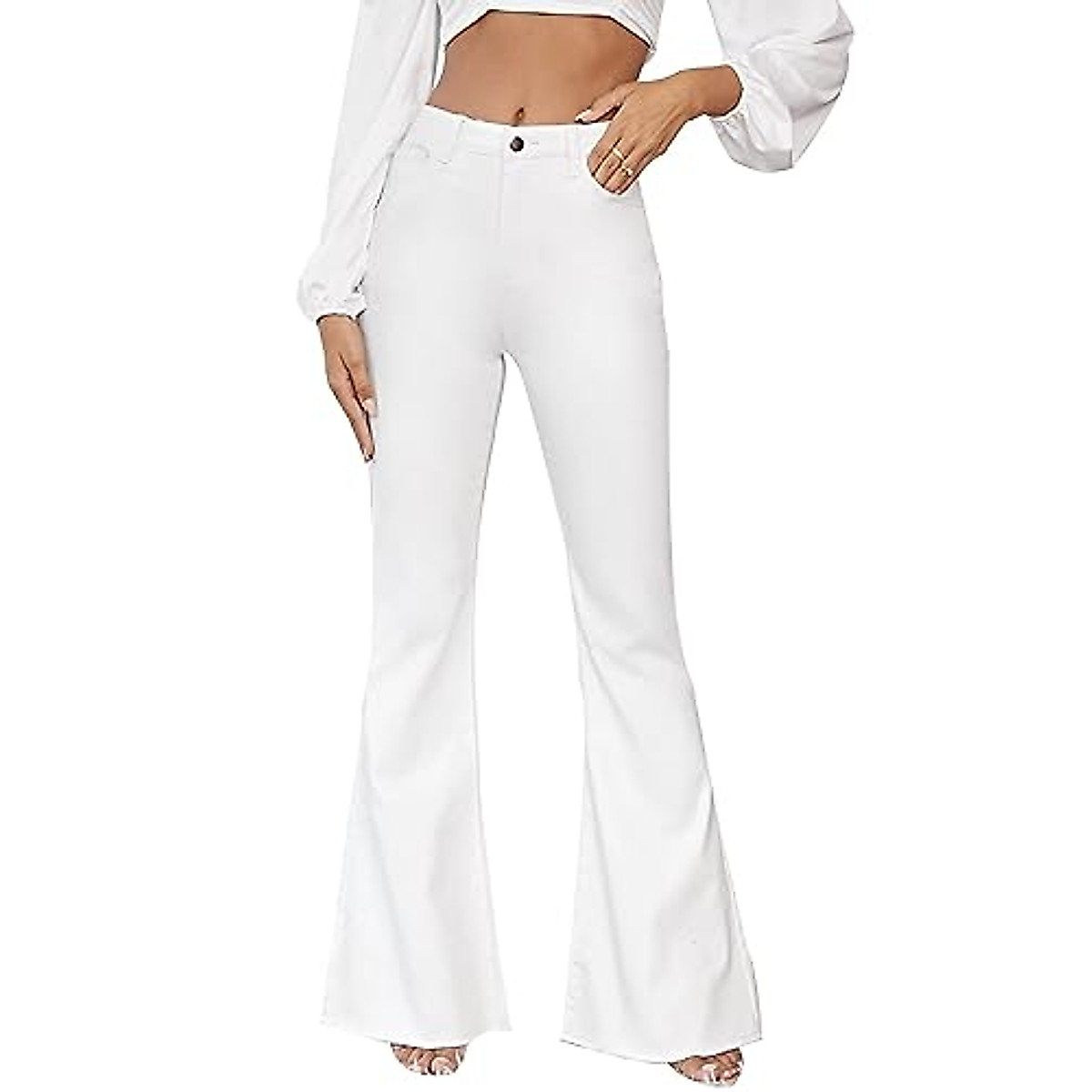 Floerns Women's High Waisted Flare Jeans Frayed Raw Hem Bell Bottom Denim Pants White M