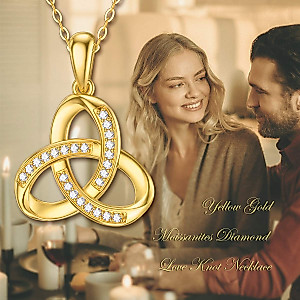 14K Solid Gold Love Knot Necklace for Women, Yellow Gold Moissanites Love Knot Pendant Anniversary Birthday Jewelry Gift for Her, Mom, Wife, 18"