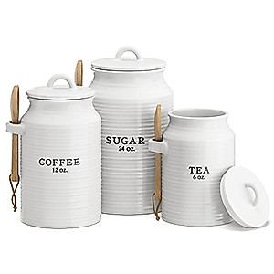 Barnyard Designs Canister Sets for Kitchen Counter, Ceramic Canister Set, Decorative Kitchen Canisters, Coffee Tea Sugar Container Set, Rustic Farmhouse Canisters Ceramic Jar, White, Set of 3