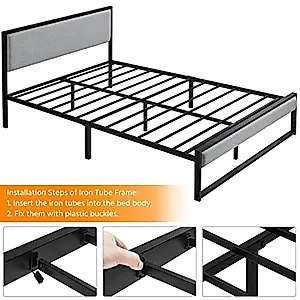 Yaheetech Metal Platform Bed Frame with Linen Upholstered Headboard and Footboard Mattress Foundation with Strong Steel Slats No Box Spring Needed Easy Assembly Gray Queen Size