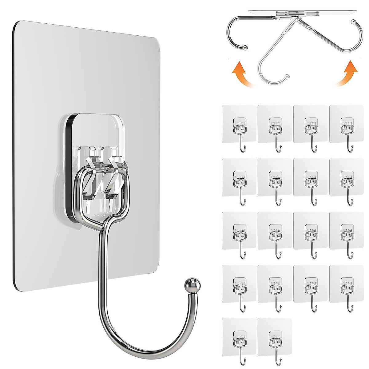 Lsnisni 20 Pack Large Adhesive Hooks, Wall Hooks for Hanging Heavy Duty 22Ib(Max), Clear and Removable Strong Sticky Hooks, Waterproof and Rustproof Multiple Uses for Bathroom Kitchen Office