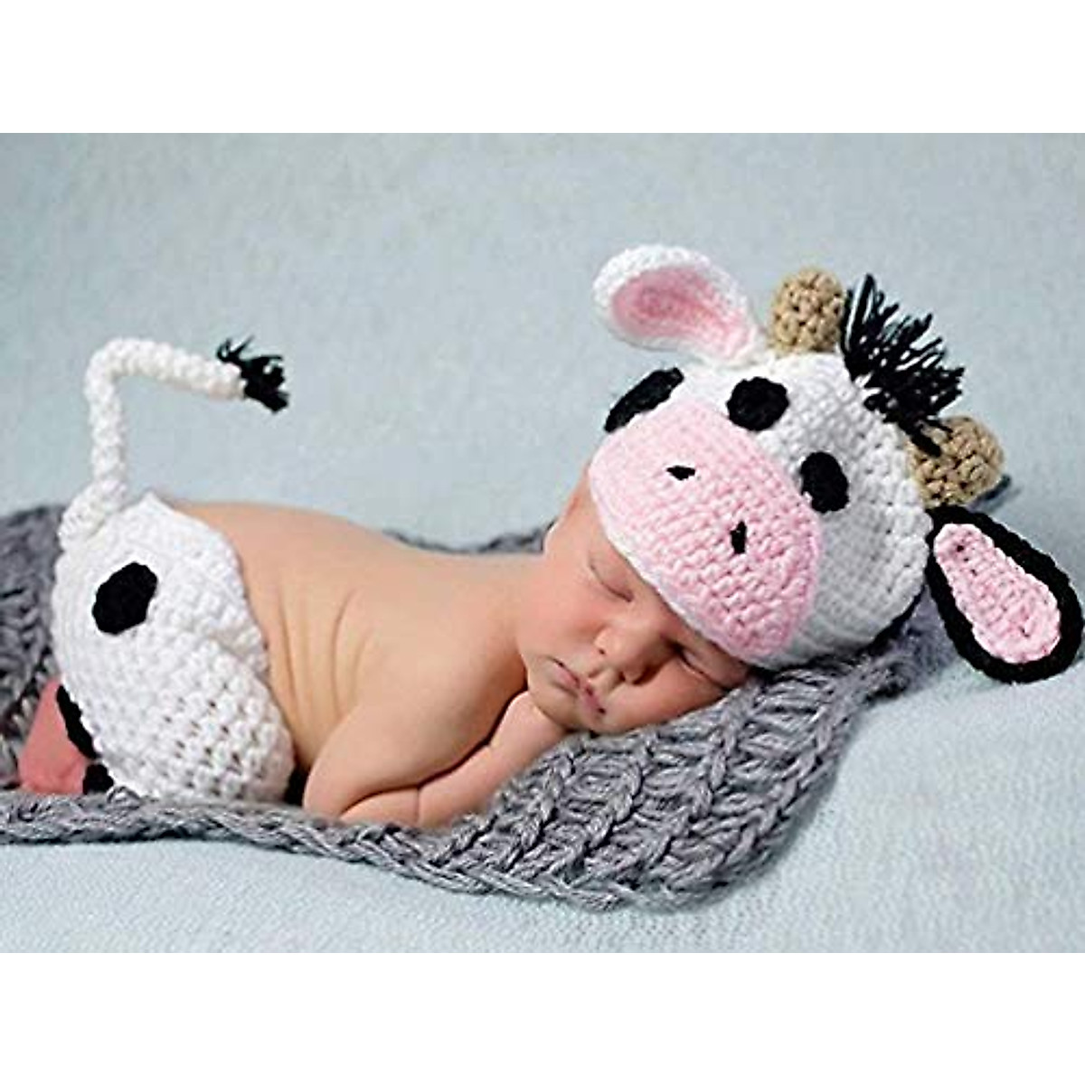 Newborn Baby Photo Prop Boy Girl Photo Shoot Outfits Crochet Knitted Clothes Cows Hat Shorts Set Photography Shoot (White)