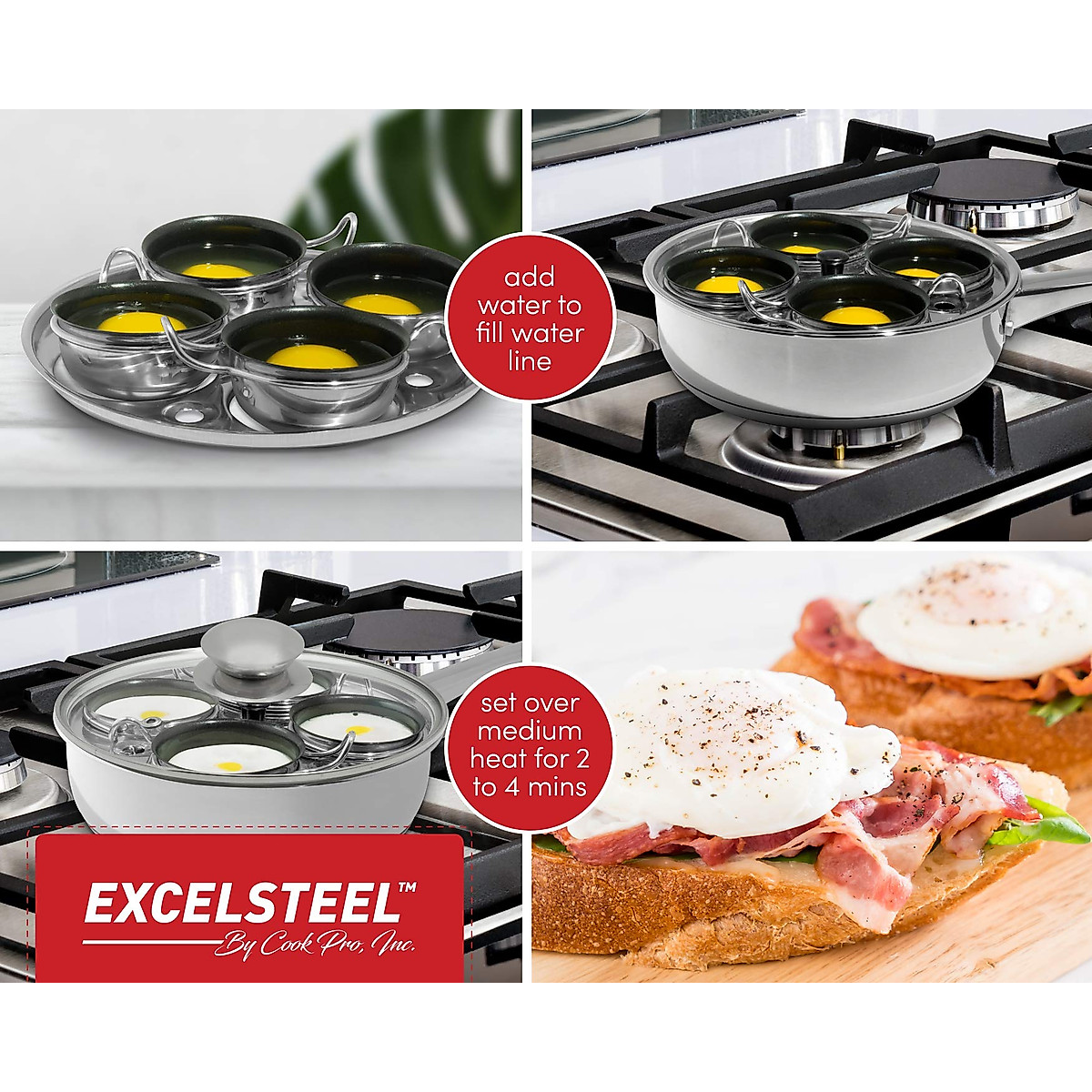 EXCELSTEEL Non Stick Easy Use Rust Resistant Home Kitchen Breakfast Brunch Induction Cooktop Egg Poacher, 4 Cups, 18/10 Stainless Steel